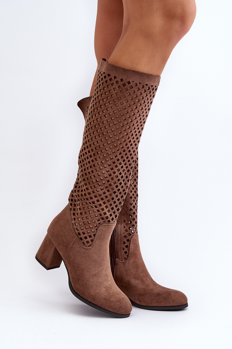 Ażurowe Kozaki Na Obcasie Zamszowe Brązowe Jolenna
