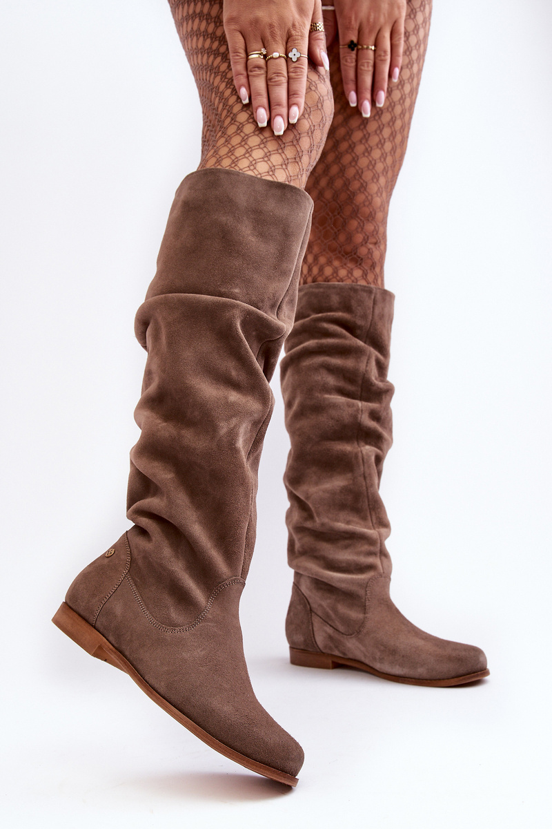 Damskie Zamszowe Kozaki Do Kolan Maciejka 05790-04 Beżowe