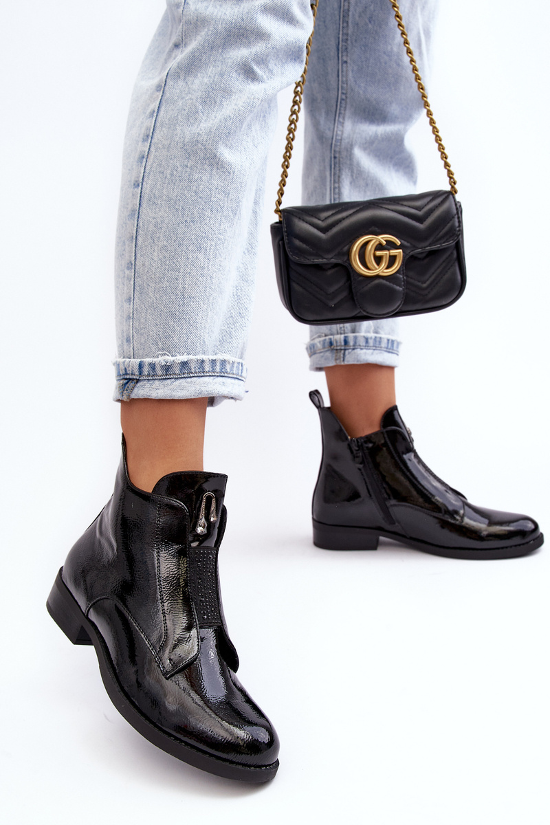 Lakierowane Botki Damskie Na Płaskim Obcasie Ocieplane Czarne S.Barski HY75-120 Czarne