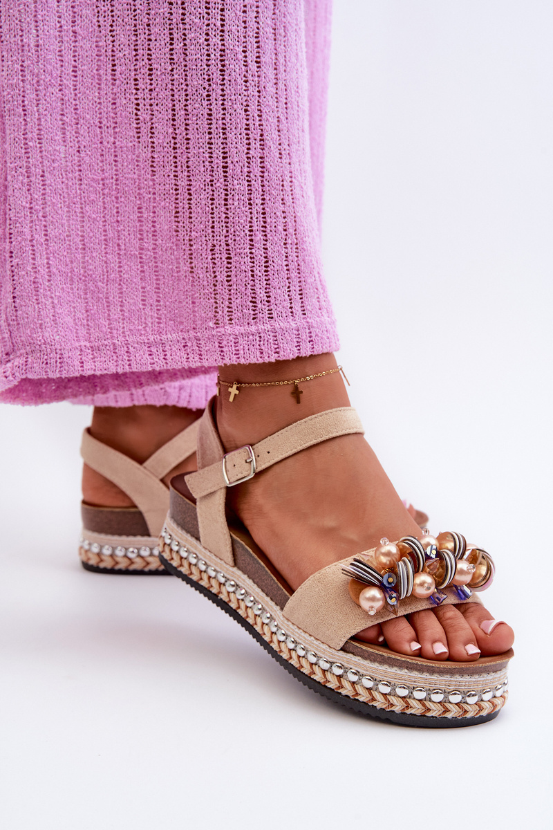 Sandały Damskie Na Koturnie I Platformie Z Ozdobami S.Barski HY056 Beżowe